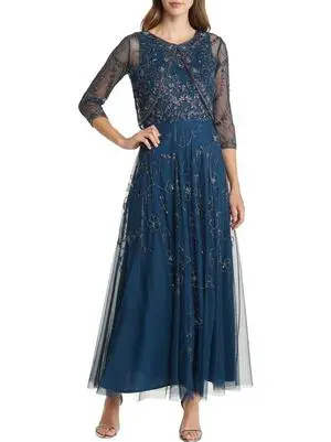 Pisarro Nights Pisarro Nights Beaded Mesh Gown With Jacket Sapphire 430