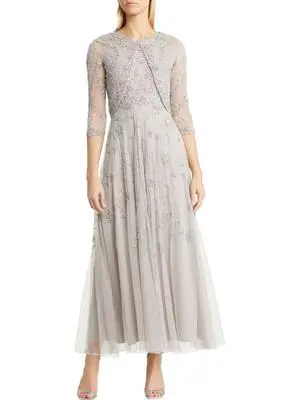 Pisarro Nights Pisarro Nights Beaded Mesh Gown With Jacket Silver