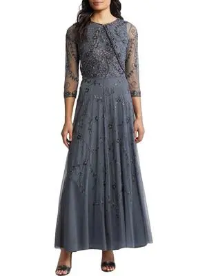 Pisarro Nights Pisarro Nights Beaded Mesh Gown With Jacket Smoke