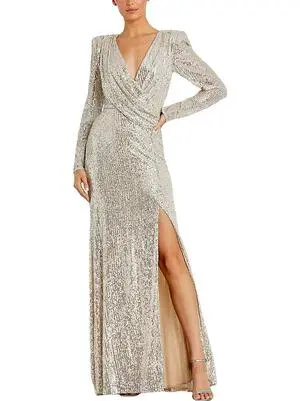 Mac Duggal Ieena For Mac Duggal Sequined Faux Wrap Gown Nude