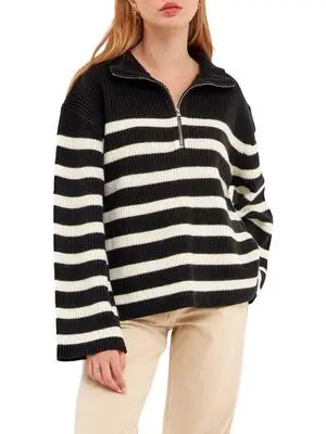English Factory Striped Half-zip Sweater - Black/white