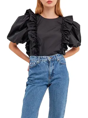 English Factory English Factory Double Ruffle Puff Sleeve Blouse Black