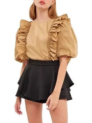 English Factory Double Ruffle Puff Sleeve Blouse - Tawny
