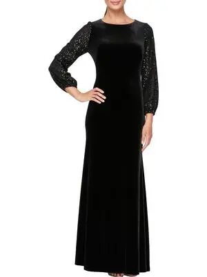 Alex Evenings Mixed Media Sequin And Velvet Gown - Black