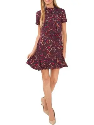 CECE DUPRAZ Godet Floral Tie Neck Shift Dress - Spiced Wine
