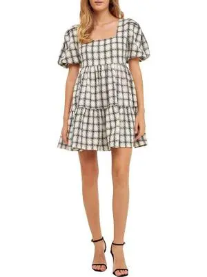 English Factory Gingham Puff Sleeve Tweed Minidress - White