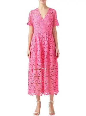 Endless Rose Endless Rose Allover Lace Midi Dress Pink