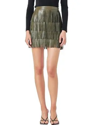 Endless Rose Faux Leather Fringe Mini Skirt - Olive