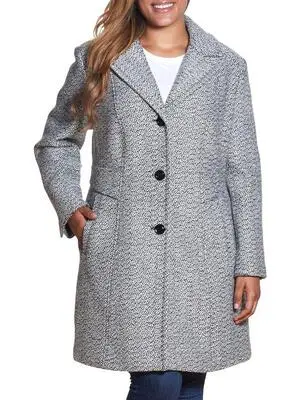 Gallery Tweed Coat With Notch Collar - Black/ White