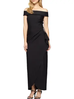 Alex Evenings Alex Evenings Off-the-Shoulder Side-Swept Gown Black