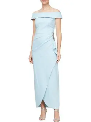 Alex Evenings Alex Evenings Off-the-Shoulder Side-Swept Gown Light Blue
