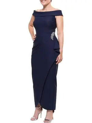 Alex Evenings Alex Evenings Off-the-Shoulder Side-Swept Gown Navy