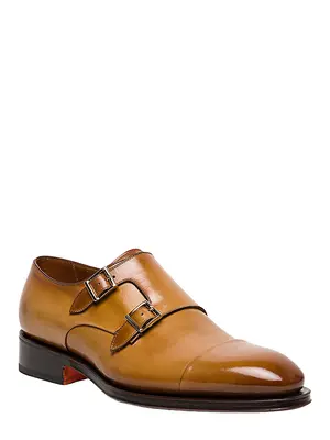 Santoni Carter Cap Toe Double Monk Strap Shoes Light Brown