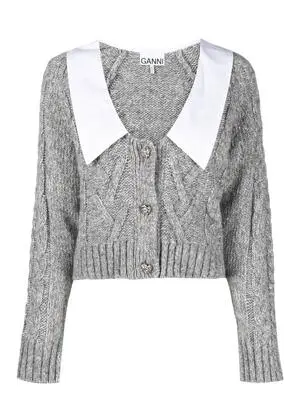 GANNI Contrasting-collar Cable-knit Cardigan - Grey