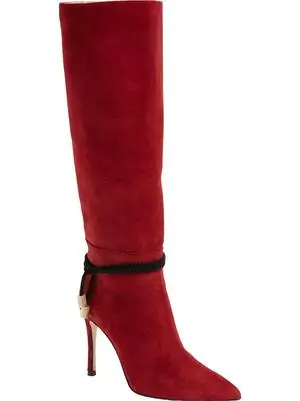 BEAUTIISOLES Pointed Toe Knee High Boots - Dark Red Suede