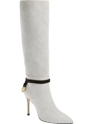 BEAUTIISOLES Pointed Toe Knee High Boots Light Grey Suede