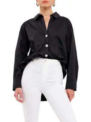 English Factory Imitation Pearl Button-up Shirt - Black