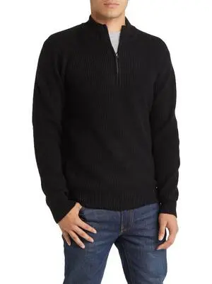 SCHOTT Half Zip Ribbed Wool Blend Sweater - Black