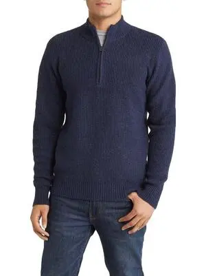 SCHOTT Half Zip Ribbed Wool Blend Sweater - Navy
