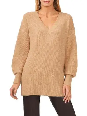 Halogen Halogen(r) V-Neck Tunic Sweater Camel Heather