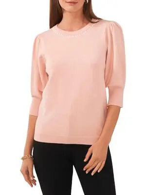 Chaus Beaded Collar Puff Sleeve Sweater - Misty Pink