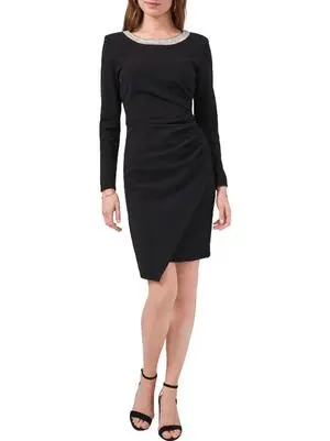 Chaus Beaded Neckline Long Sleeve Sheath Dress - Black
