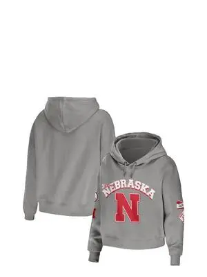 WEAR BY ERIN ANDREWS Nebraska Huskers Mixed Media Cropped Pullover Hoodie - Gray