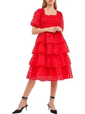 English Factory Grid Pattern Ruffle Dress - Red