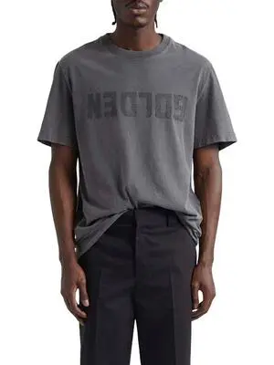 GOLDEN GOOSE Distressed Upside Down Logo Cotton Graphic Tee - Anthracite
