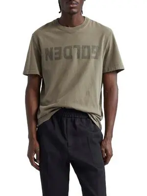GOLDEN GOOSE Distressed Upside Down Logo Cotton Graphic Tee - Dusty Olive