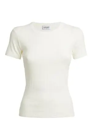 LESET Rib-knit Pointelle T-shirt - White