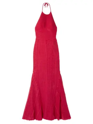 Rue Mariscal Frayed Embroidered Crocheted Halterneck Maxi Dress - Burgundy