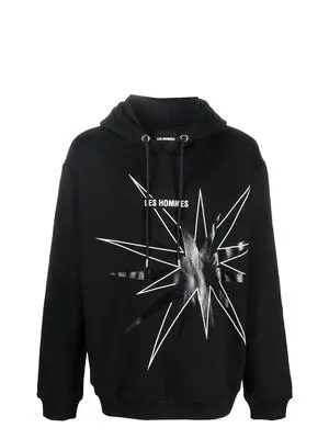 LES HOMMES Star-print Drawstring Hoodie - Black