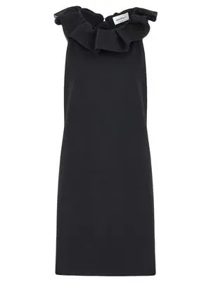 FERRAGAMO Sleeveless Ruffled Neck Wool Blend Dress - Black