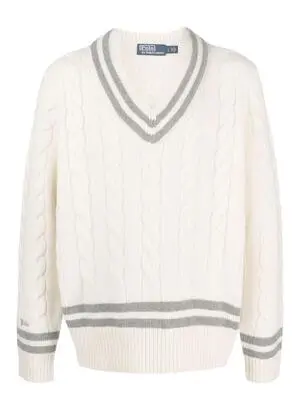 Polo Ralph Lauren Tipped V-neck Cable-knit Jumper - Neutrals