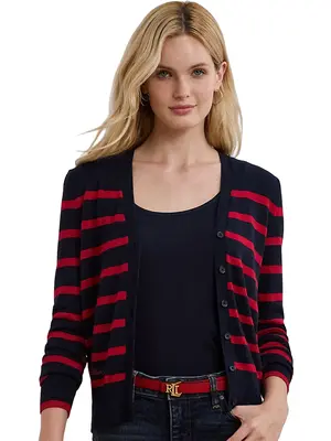 Ralph Lauren Striped Cotton-Blend Cardigan Lauren Navy/festive Red
