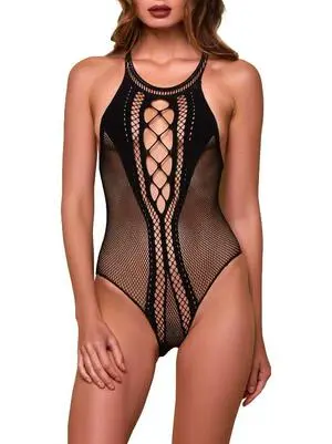 HAUTY Halter Neck Fishnet Teddy - Black