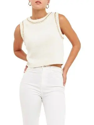 Endless Rose Chain Trim Sleeveless Crop Sweater Cream