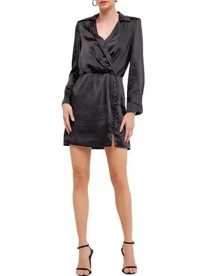 Endless Rose Long Sleeve Satin Minidress - Black
