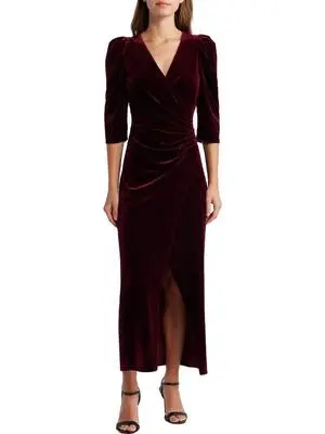 Chelsea28 Faux Wrap Velvet Midi Dress - Burgundy