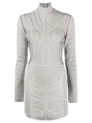 Balmain Ribbed Long-sleeve Mini Dress - Grey