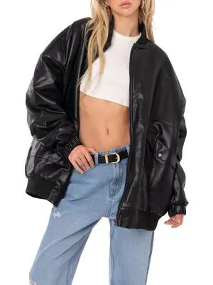 EDIKTED Oversized Faux Leather Bomber Jacket - Black