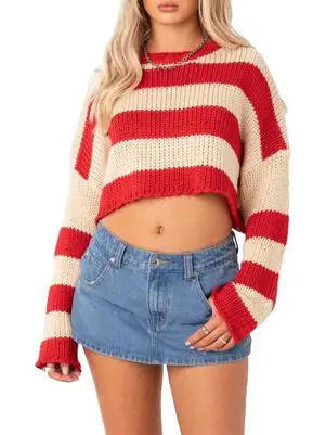 EDIKTED Ozzy Stripe Crop Sweater - Red