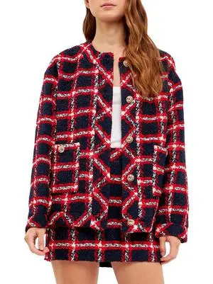 English Factory Plaid Bouclé Tweed Jacket - Navy