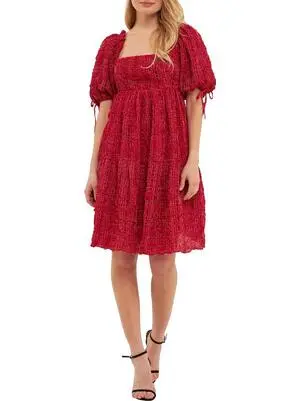 English Factory English Factory Gingham Crinkled Flounce A-Line Dress Burgundy