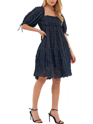English Factory English Factory Gingham Crinkled Flounce A-Line Dress Navy