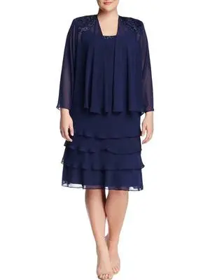 SLNY Embellished Tiered Dress With Jacket - Navy