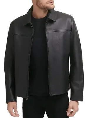 Cole Haan Zip Front Leather Jacket - Black