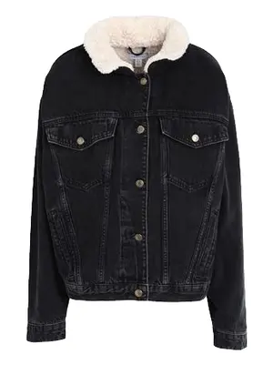 Topshop Denim Trucker Jacket With Sherpa Interior - Black