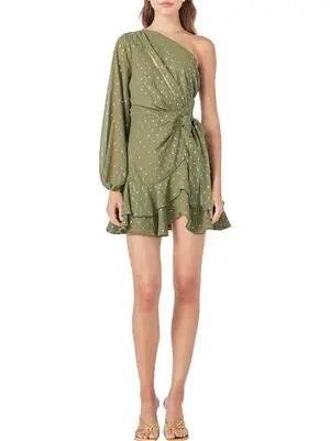Endless Rose One-shoulder Chiffon Minidress - Olive